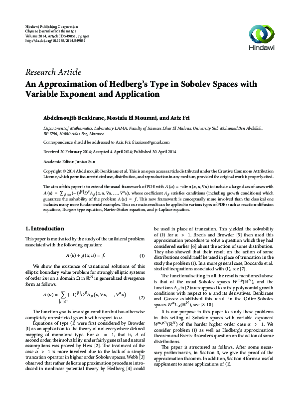 (PDF) An Approximation of Hedberg’s Type in Sobolev Spaces with Variable Exponent and Application