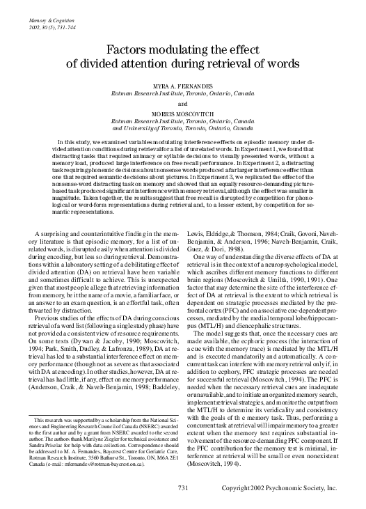 (PDF) Factors modulating the effect of divided attention during retrieval of words