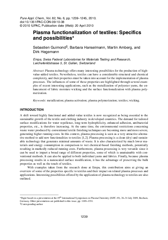 (PDF) Plasma functionalization of textiles: Specifics and possibilities