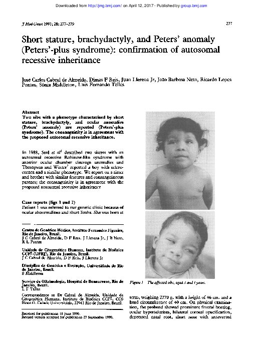 (PDF) Short stature, brachydactyly, and Peters' anomaly (Peters'-plus ...