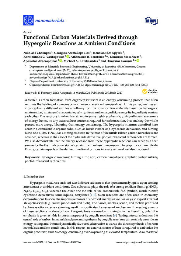 (PDF) Functional Carbon Materials Derived through Hypergolic Reactions at Ambient Conditions