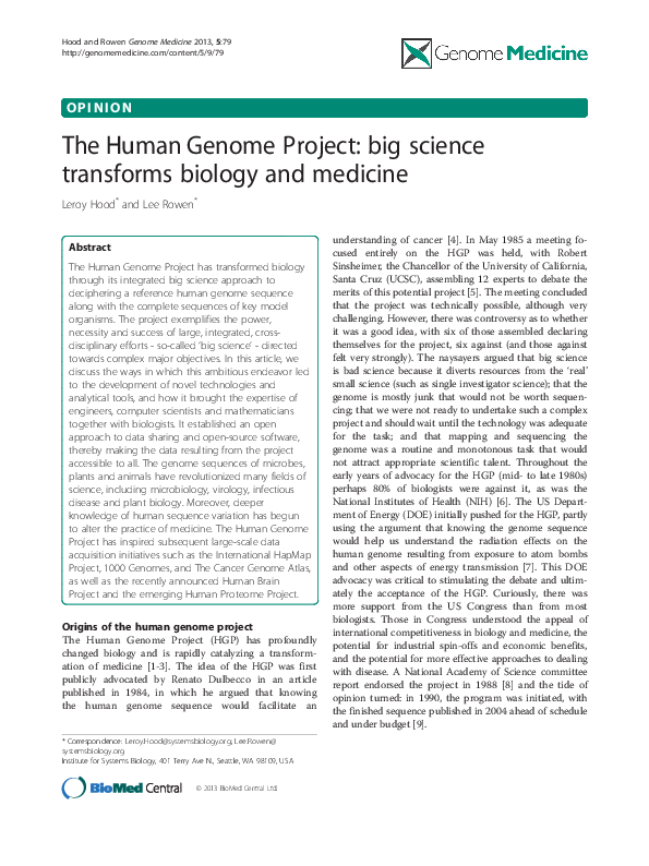 (PDF) The human genome project: big science transforms biology and medicine