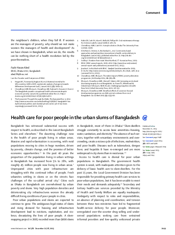 (PDF) Health care for poor people in the urban slums of Bangladesh