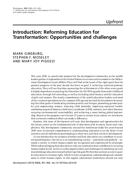 (PDF) Introduction: Reforming Education for Transformation ...
