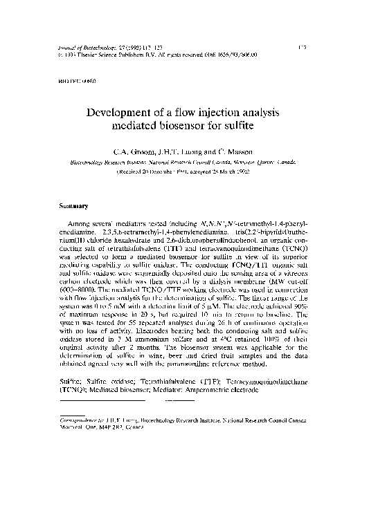 Pdf Development Of A Flow Injection Analysis Mediated Biosensor For Sulfite