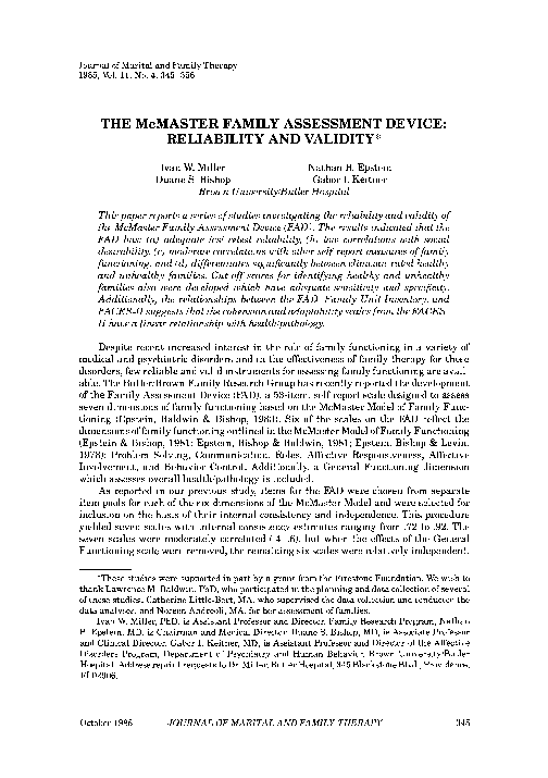 (PDF) THE McMASTER FAMILY ASSESSMENT DEVICE: RELIABILITY AND VALIDITY*