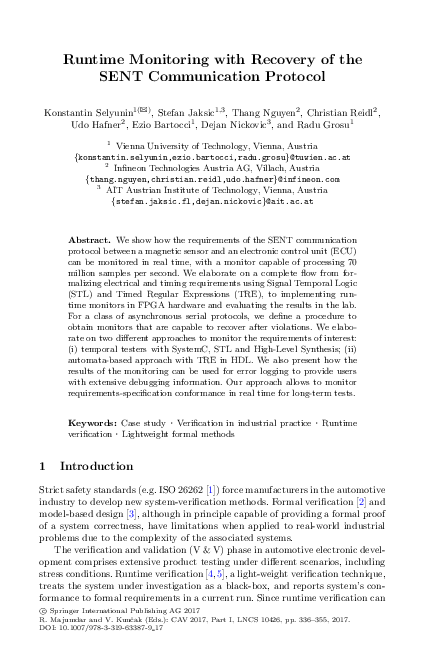 (PDF) Runtime Monitoring with Recovery of the SENT Communication Protocol