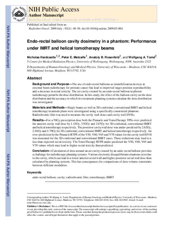 (PDF) Endo-rectal balloon cavity dosimetry in a phantom: Performance ...