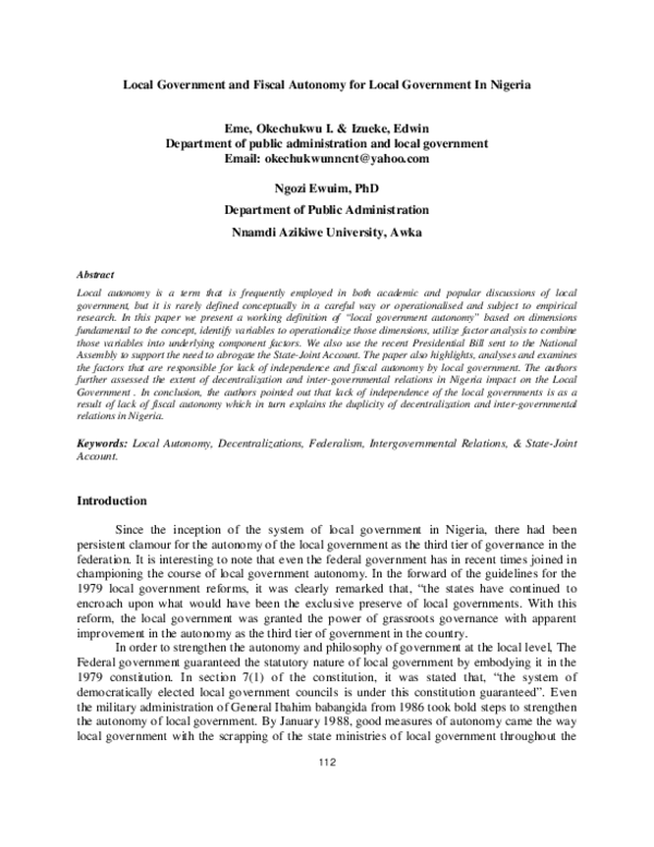 (PDF) Local Government and Fiscal Autonomy for Local Government In Nigeria