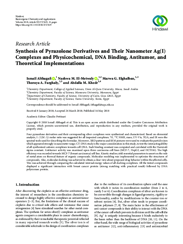 (PDF) Synthesis of Pyrazolone Derivatives and Their Nanometer Ag(I) Complexes and ...