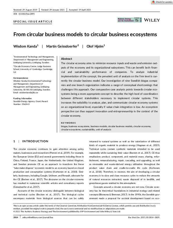 (PDF) From circular business models to circular business ecosystems