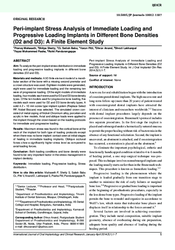 (PDF) Peri-implant Stress Analysis of Immediate Loading and Progressive ...