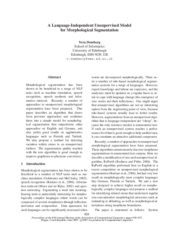 Pdf Unsupervised Morphological Segmentation Model