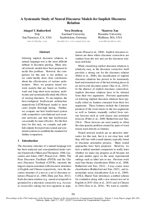 (PDF) A Systematic Study of Neural Discourse Models for Implicit Discourse Relation