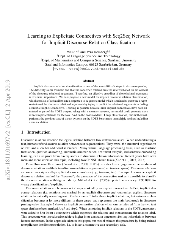 Pdf Learning To Explicitate Connectives With Seq2seq Network For Implicit Discourse Relation