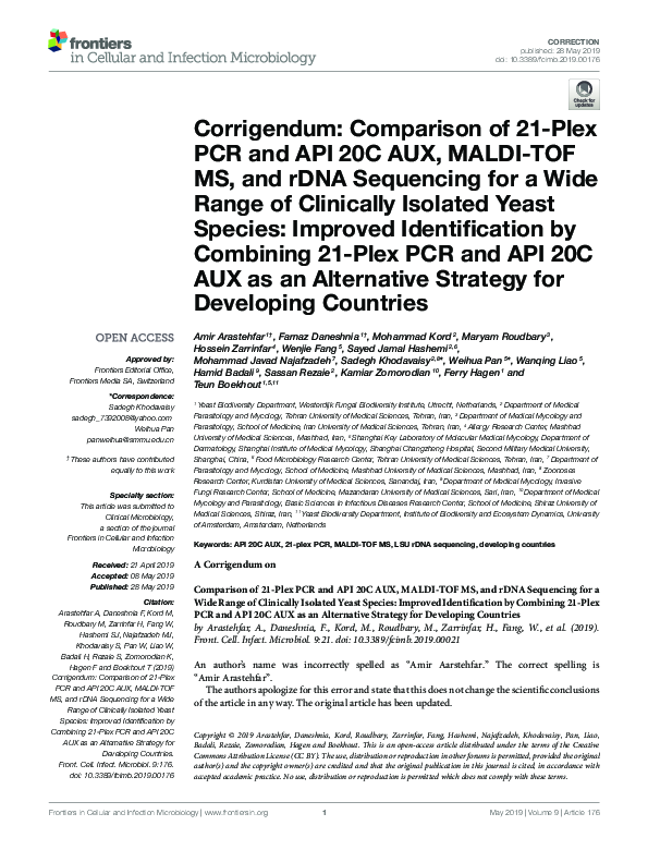 (PDF) Corrigendum: Comparison of 21-Plex PCR and API 20C AUX, MALDI-TOF MS, and rDNA Sequencing ...