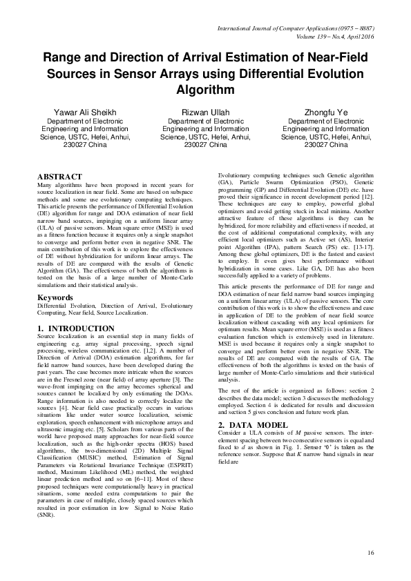 Pdf Range And Direction Of Arrival Estimation Of Near Field Sources In Sensor Arrays Using