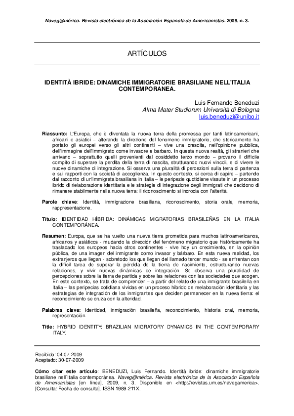 (PDF) Identidad híbrida: dinámicas migratorias brasileñas en la Italia ...