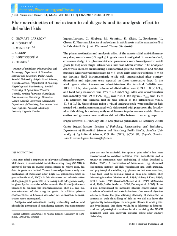 (PDF) Pharmacokinetics of meloxicam in adult goats and its analgesic ...