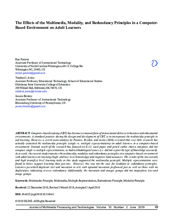 (PDF) The Effects of the Multimedia, Modality, and Redundancy Principles in a Computer- Based ...