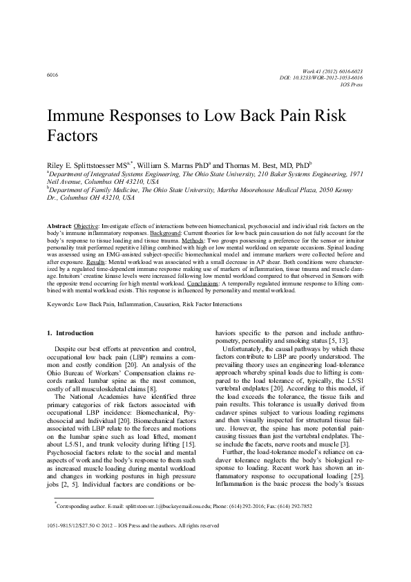 (PDF) Immune responses to low back pain risk factors
