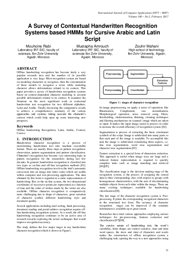 Pdf A Survey Of Contextual Handwritten Recognition Systems Based Hmms For Cursive Arabic And