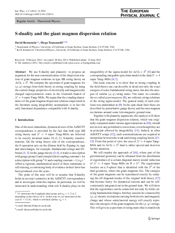 (PDF) S-duality and the giant magnon dispersion relation