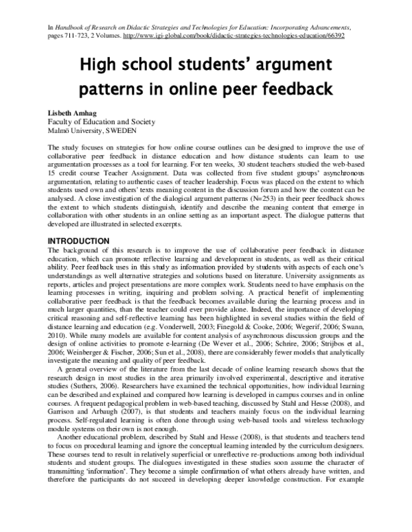 (PDF) High School Students’ Argument Patterns in Online Peer Feedback