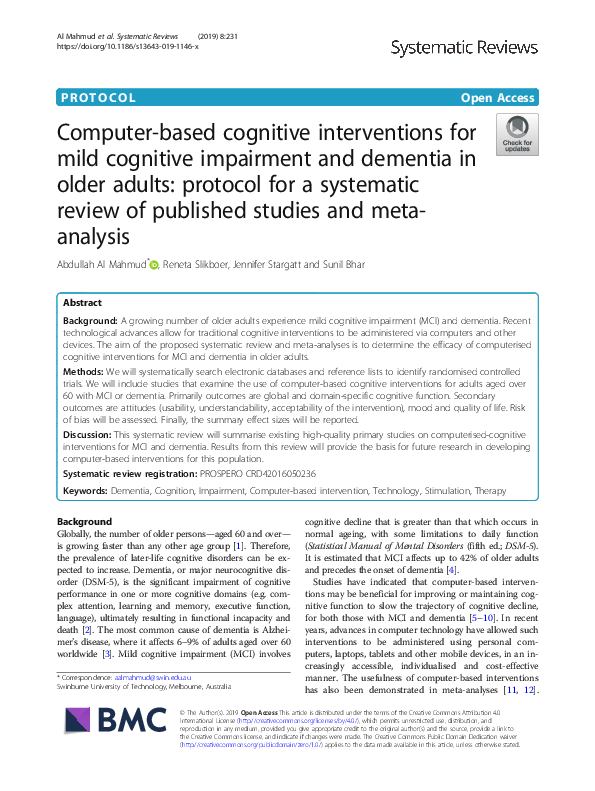 (PDF) Computer-based cognitive interventions for mild cognitive impairment and dementia in older ...