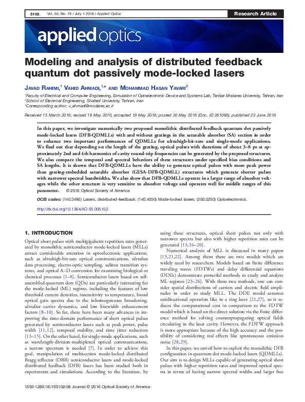 (PDF) Modeling and analysis of distributed feedback quantum dot passively mode-locked lasers