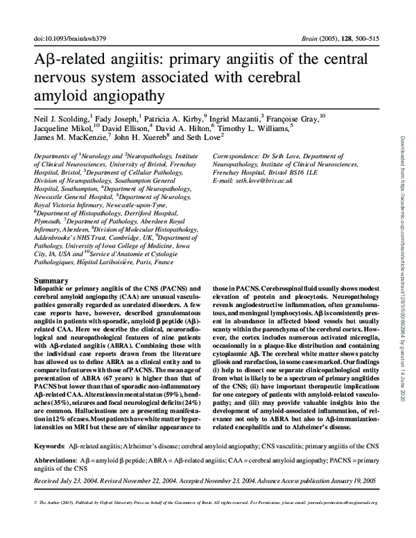 (PDF) A -related angiitis: primary angiitis of the central nervous ...