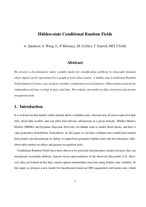 Pdf Hidden State Conditional Random Fields