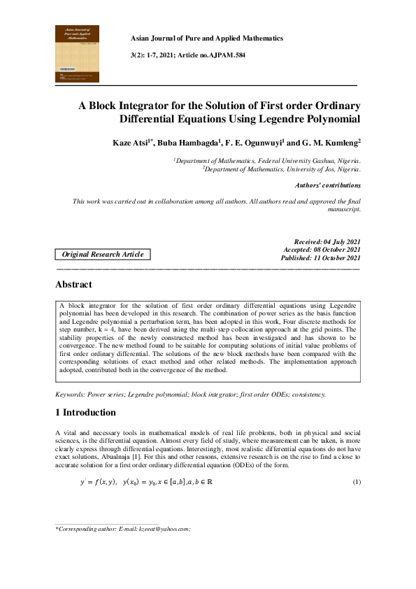 (PDF) A Block Integrator for the Solution of First order Ordinary Differential Equations Using ...