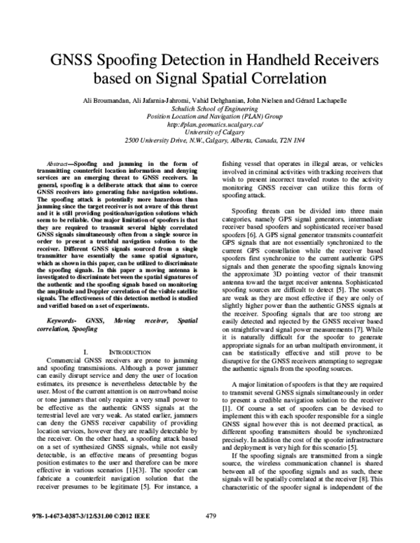 (PDF) GNSS spoofing detection in handheld receivers based on signal spatial correlation