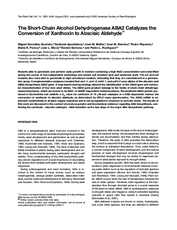 (PDF) The Short-Chain Alcohol Dehydrogenase ABA2 Catalyzes the ...