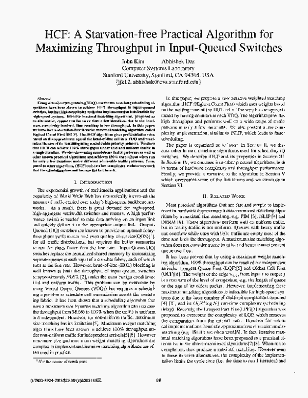 Pdf Hcf A Starvation Free Practical Algorithm For Maximizing Throughput In Input Queued Switches