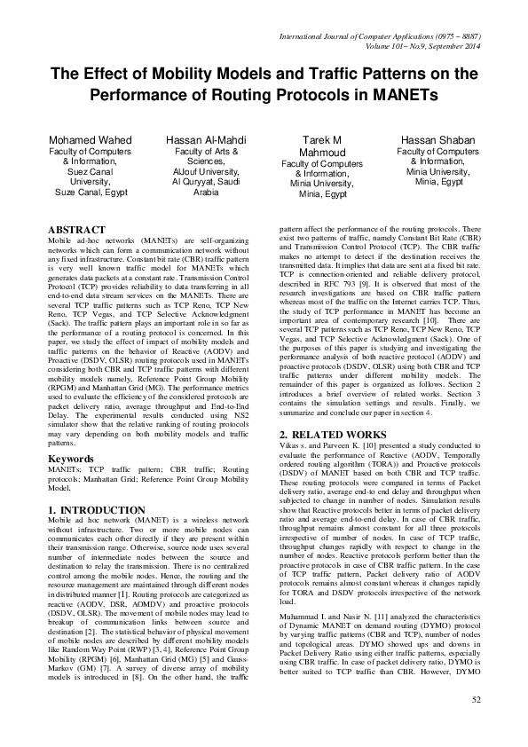 Pdf The Effect Of Mobility Models And Traffic Patterns On The Performance Of Routing Protocols
