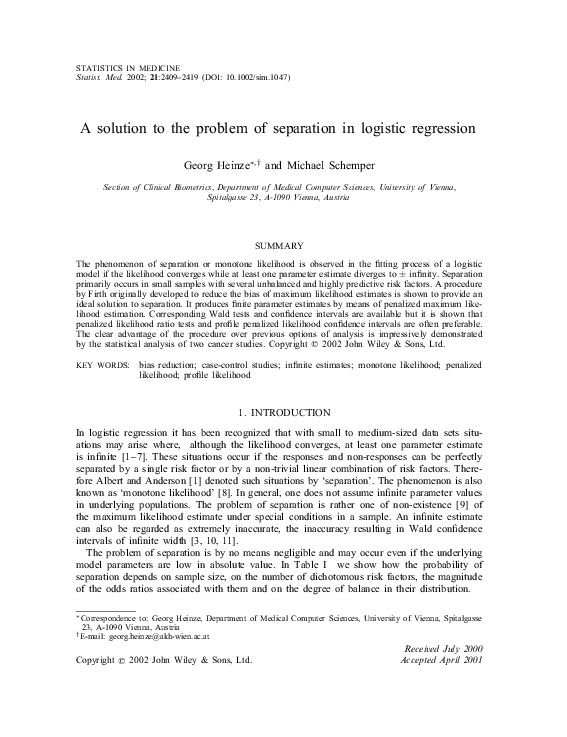 (PDF) A solution to the problem of separation in logistic regression