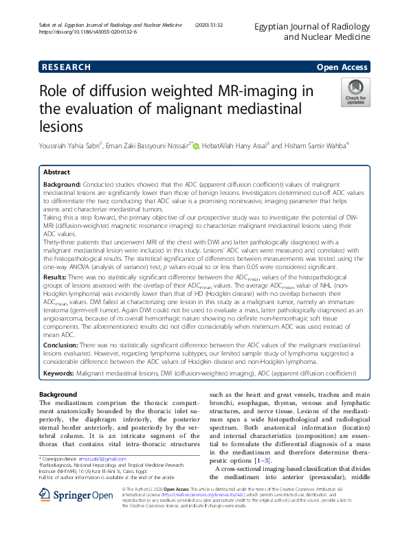 (PDF) Diffusion Weighted MRI for Malignant Mediastinal Lesions