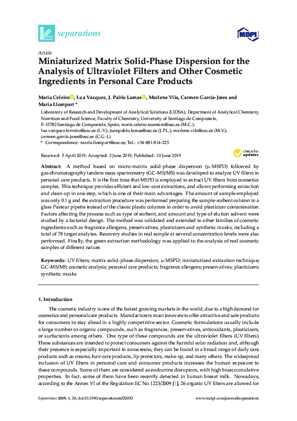 (PDF) Miniaturized Matrix Solid-Phase Dispersion for the Analysis of Ultraviolet Filters and ...