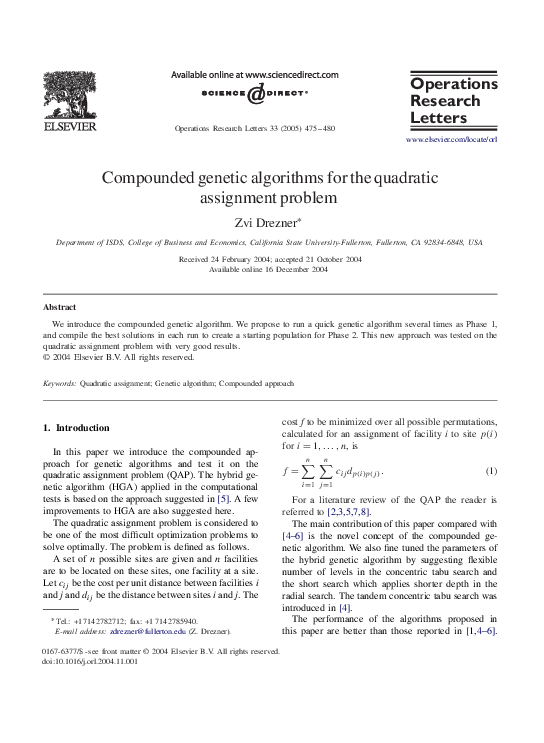 Pdf Compounded Genetic Algorithms For The Quadratic Assignment Problem Zvi Drezner