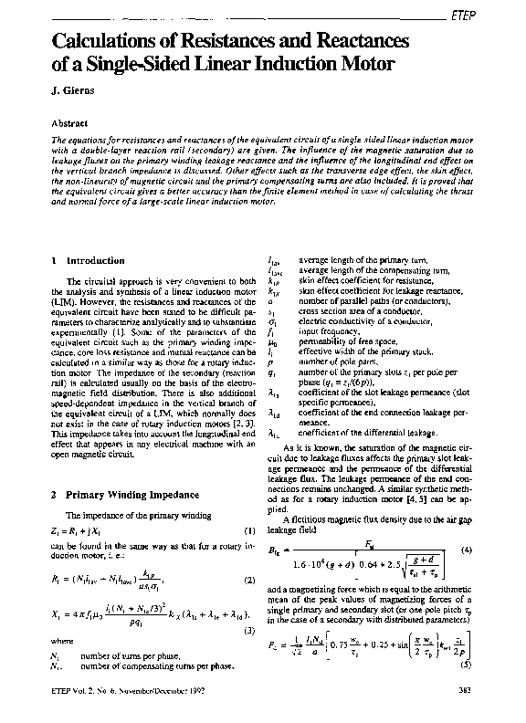 Pdf Calculations Of Resistances And Reactances Of A Single Sided Linear Induction Motor