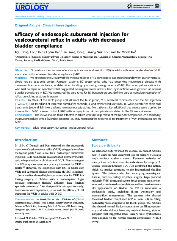 (PDF) Efficacy of endoscopic subureteral injection for vesicoureteral ...