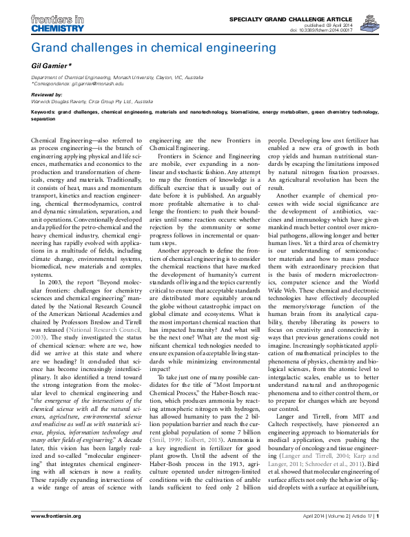 (PDF) Grand challenges in chemical engineering