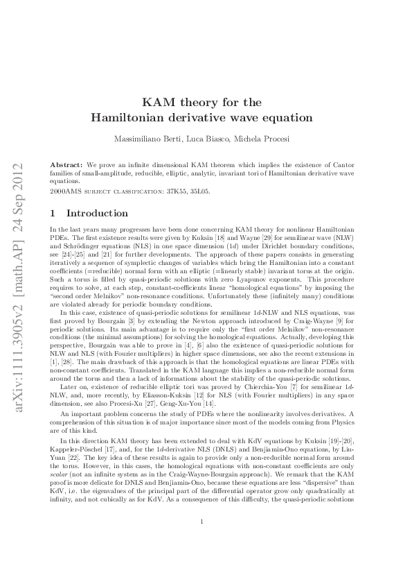 (PDF) KAM theory for the hamiltonian derivative wave equation