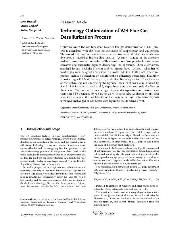 (PDF) Technology Optimization of Wet Flue Gas Desulfurization Process