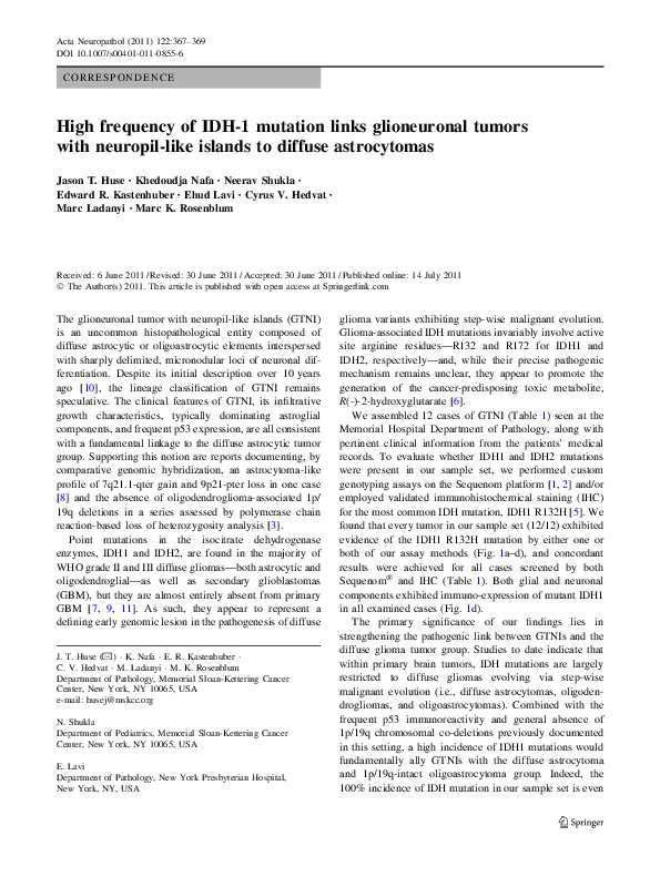 (PDF) High frequency of IDH-1 mutation links glioneuronal tumors with neuropil-like islands to ...