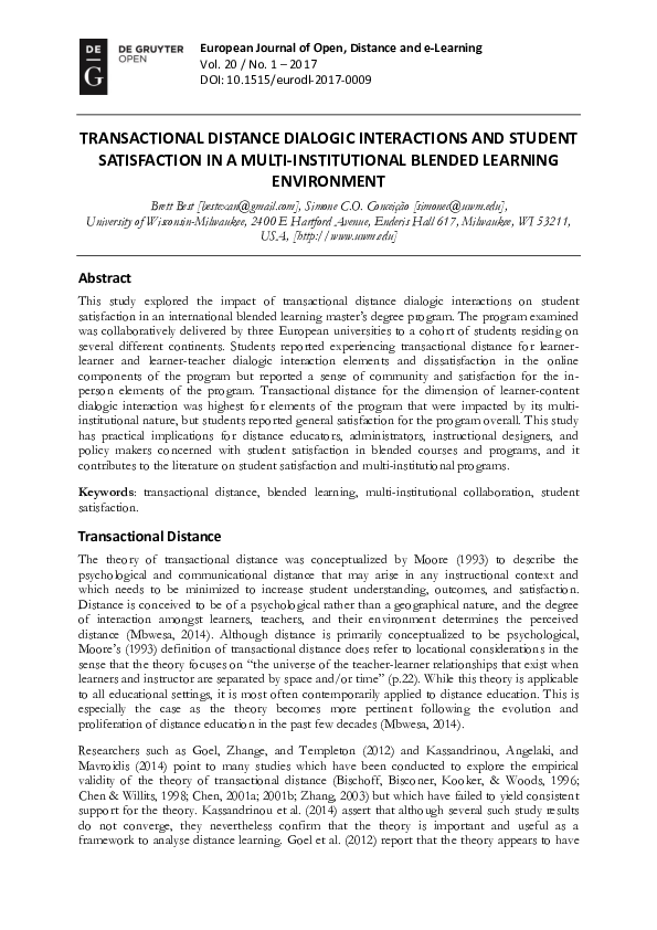(PDF) Transactional Distance Dialogic Interactions and Student Satisfaction in a Multi ...