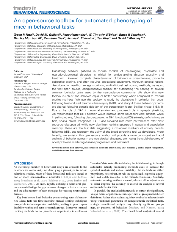 (PDF) An open-source toolbox for automated phenotyping of mice in behavioral tasks