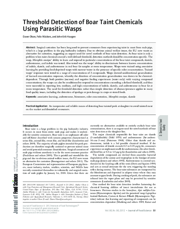 (PDF) Threshold Detection of Boar Taint Chemicals Using Parasitic Wasps